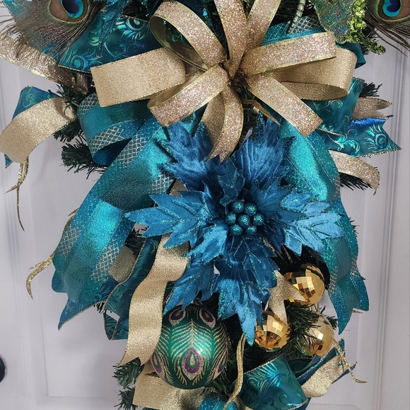 Holiday | Gold And Teal Peacock Christmas Swag With Ornaments And A ...